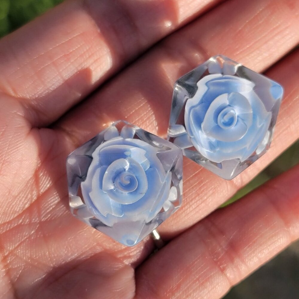 1990s Vintage Blue Rose Lucite Prism Earrings - Gem